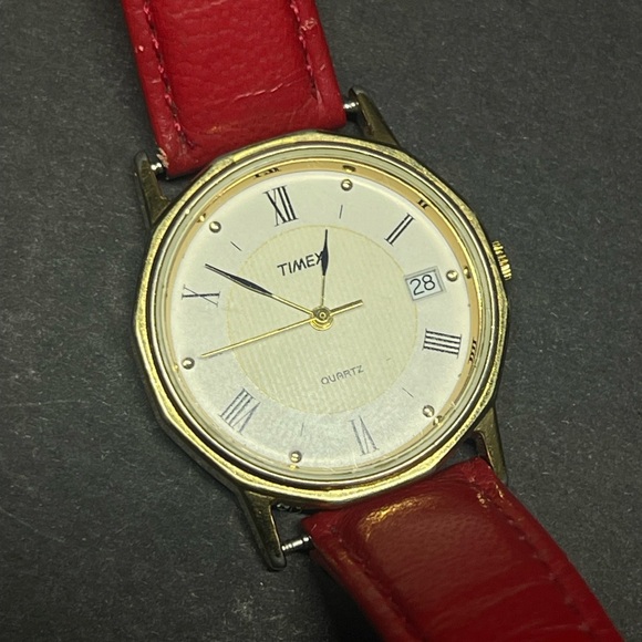 Timex | Accessories | Vintage Timex Daydate Gold Case With Red Strap ...